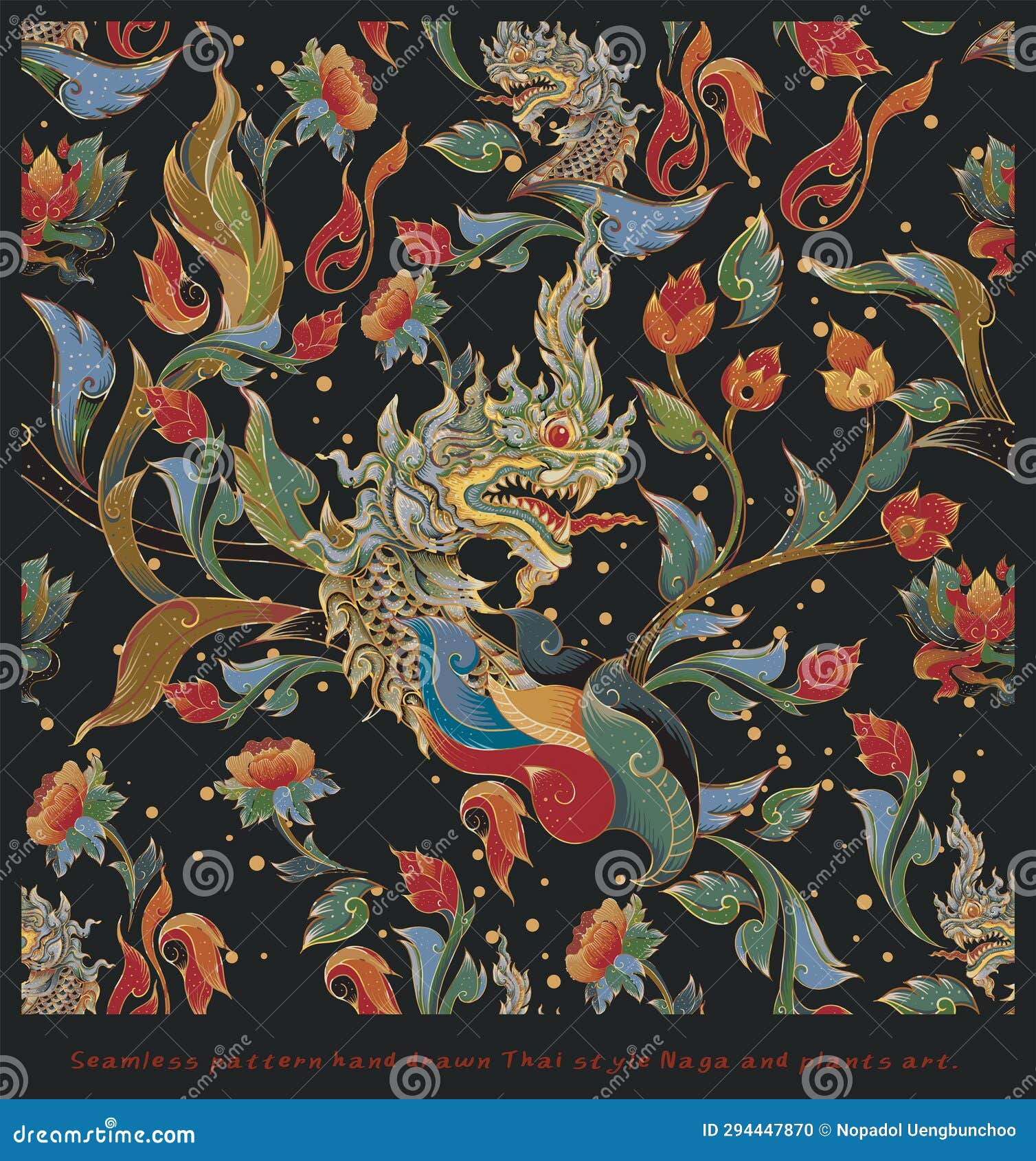 Seamless Pattern Hand Drawn Thai Style Naga and Plants Stock ...