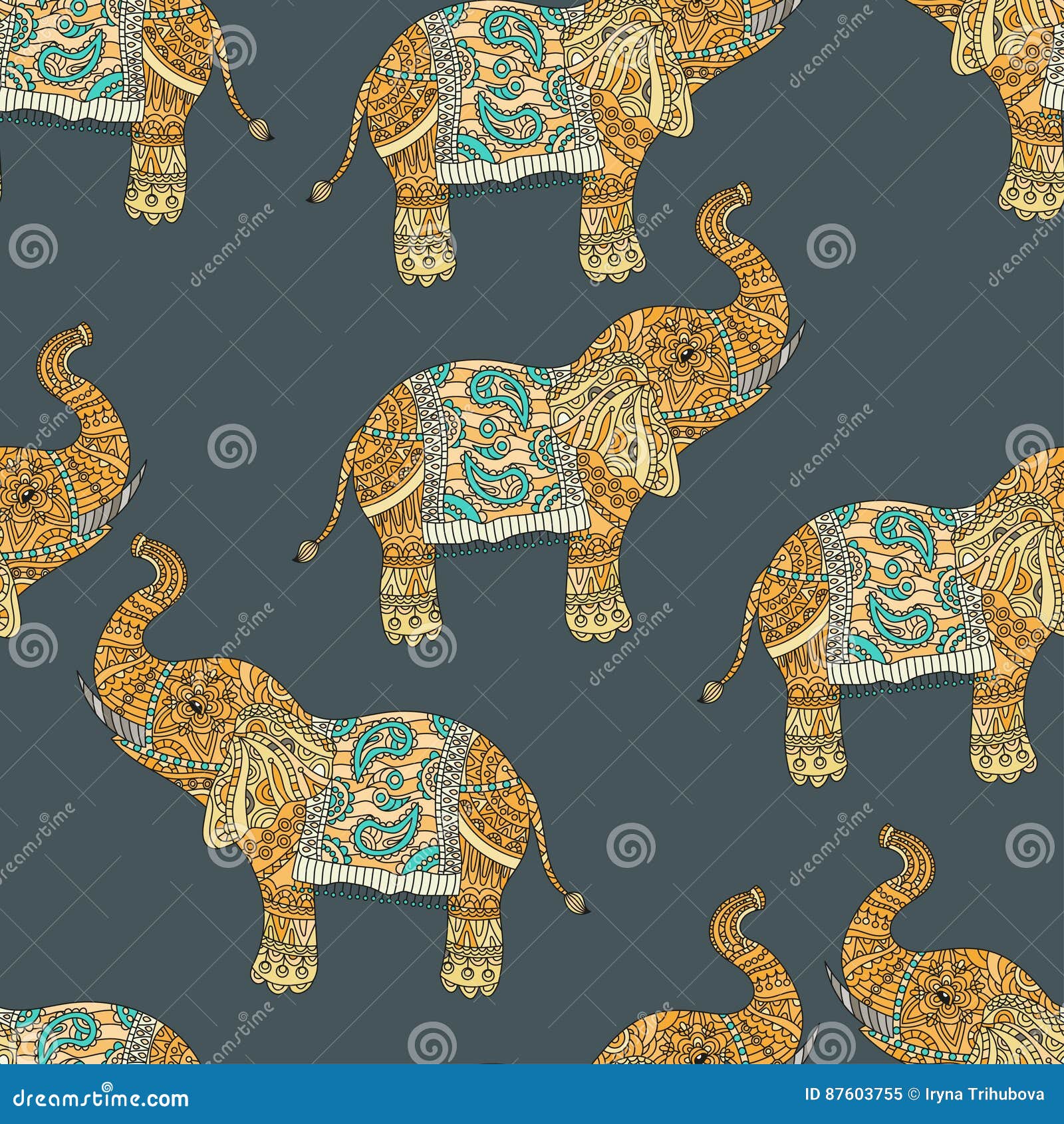 Seamless Pattern with Hand-drawn Tribal Styled Elephant. Stock Vector - Illustration of pattern ...