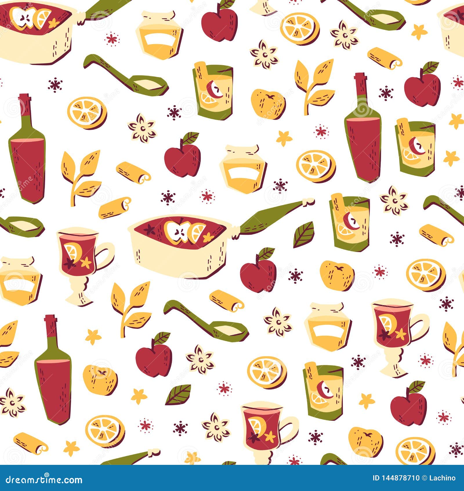 Seamless Pattern with Hand Drawn Vector Elements: Orange Slice, Glass ...