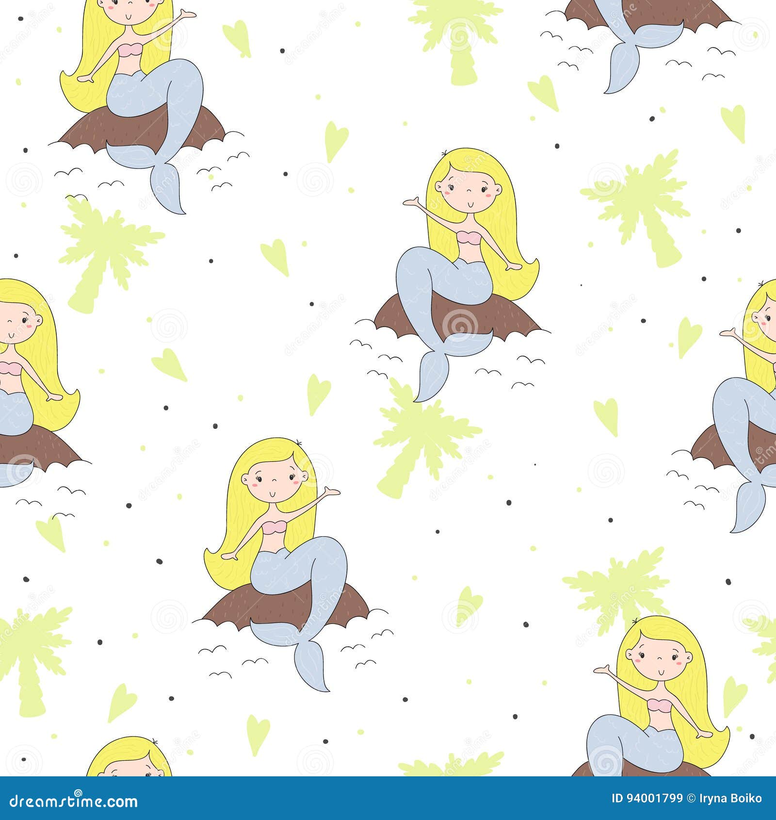 Seamless Pattern with Hand Drawn Vector Little Mermaid Stock Vector ...