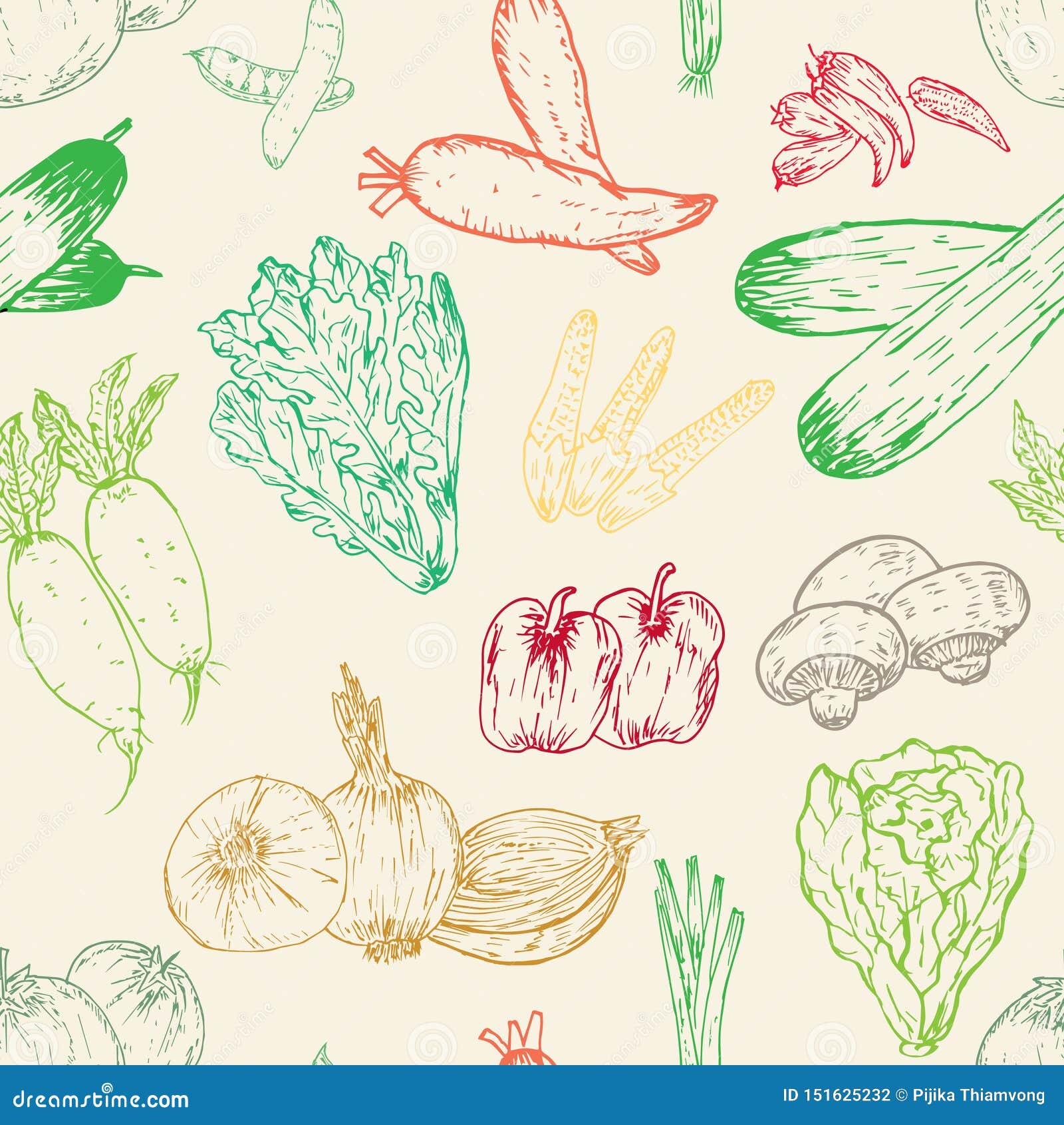 Seamless Pattern with Hand Drawn Vegetables Background. Organic Herbs ...