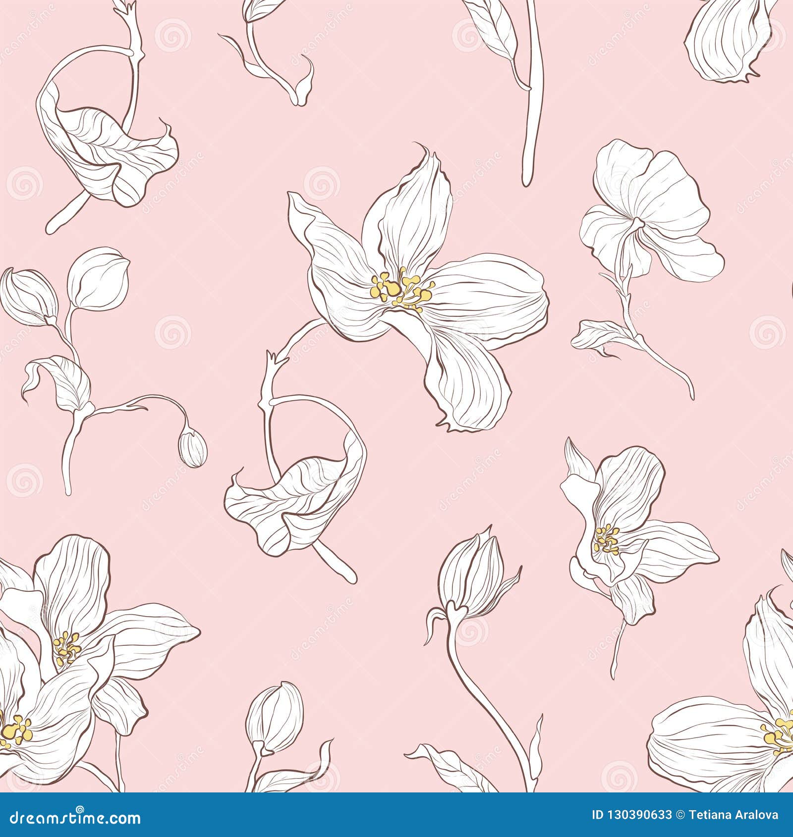Seamless Pattern Hand Drawn White Apple Blossom Stock Vector