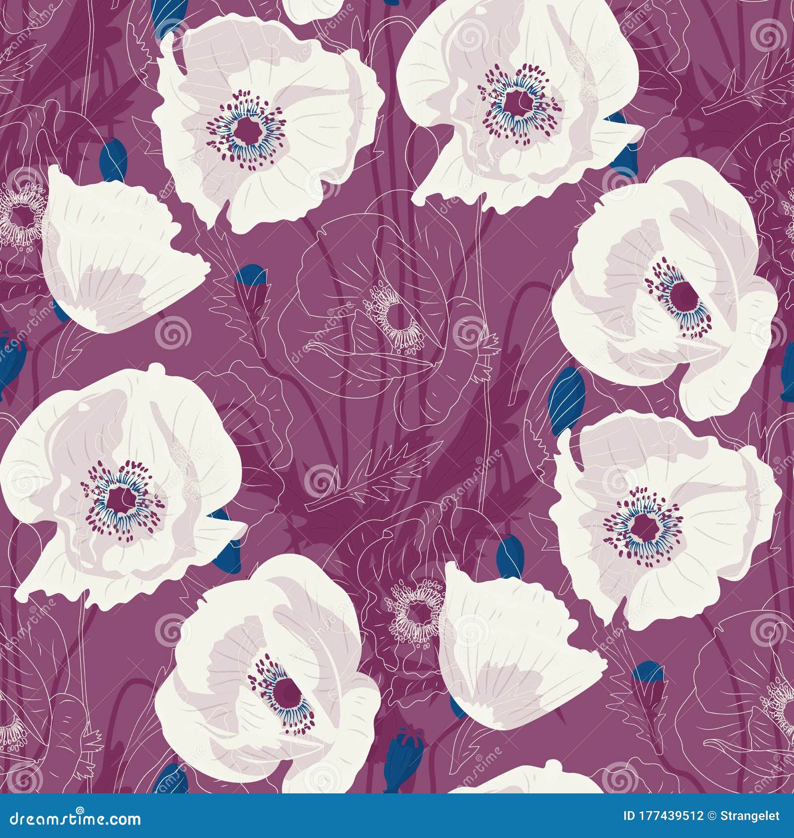 Seamless Pattern with Hand Drawn White Poppy Flowers on Violet ...
