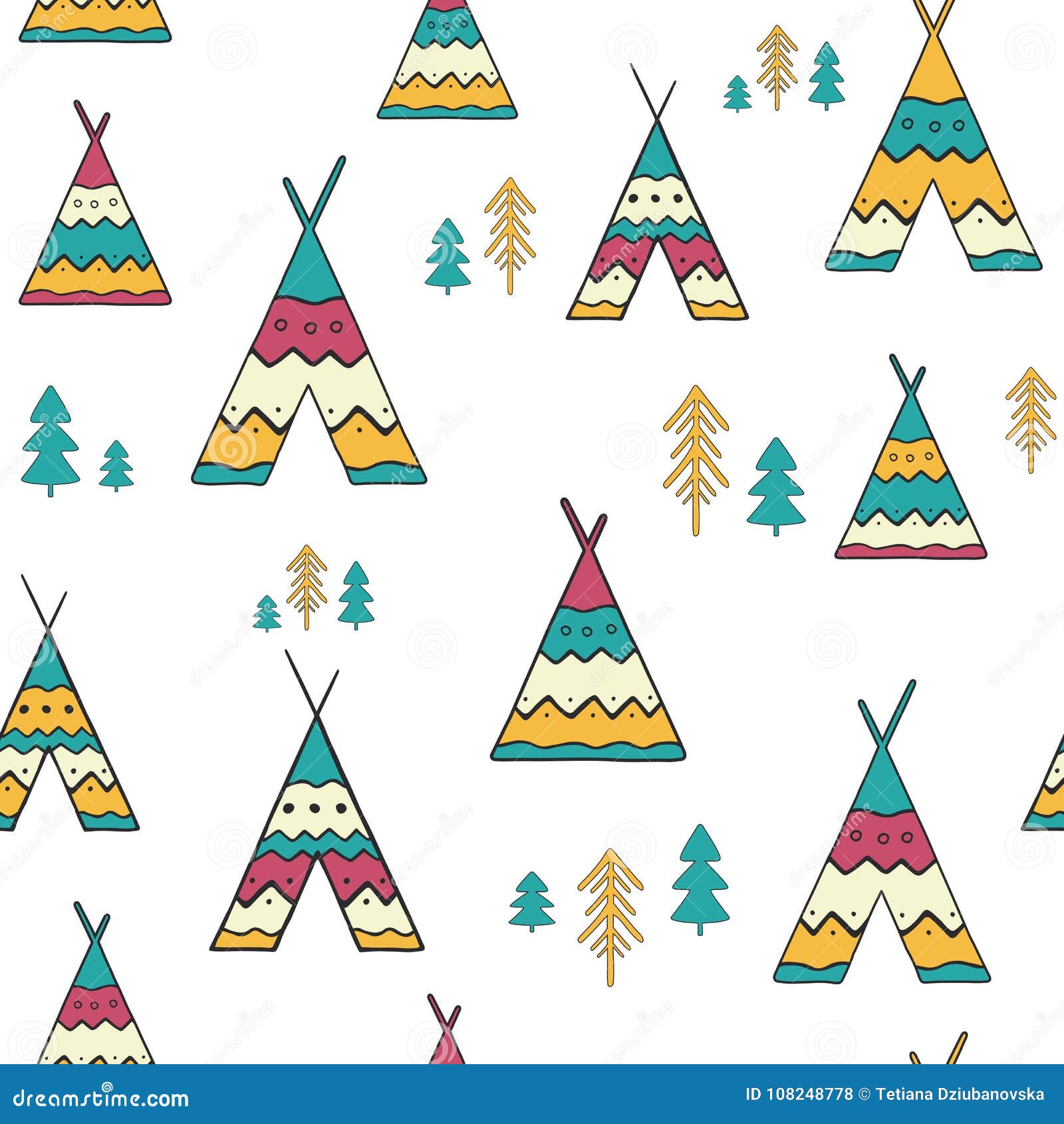 Seamless Pattern with Hand Drawn Wigwams and Trees on White. Stock ...