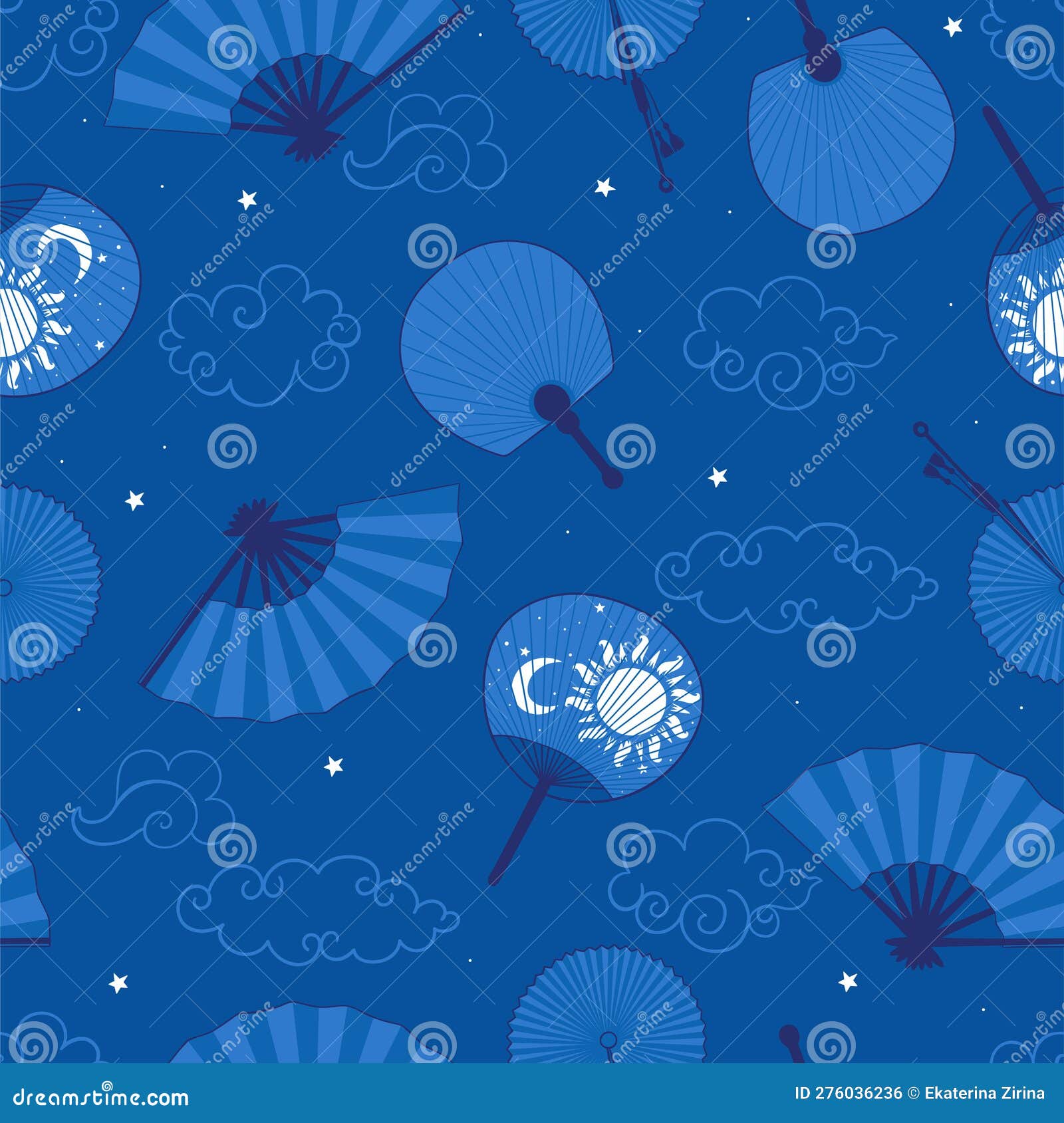 Seamless Pattern with Hand Fans in Blue Colors. Vector Graphics Stock ...