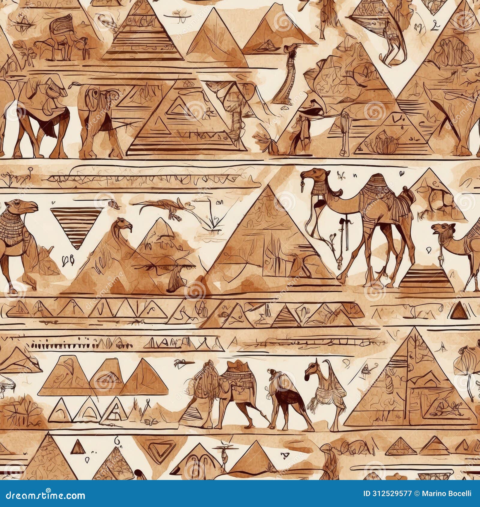Seamless Pattern of Hand Painted Stylized Egyptian Camels and Pyramids ...