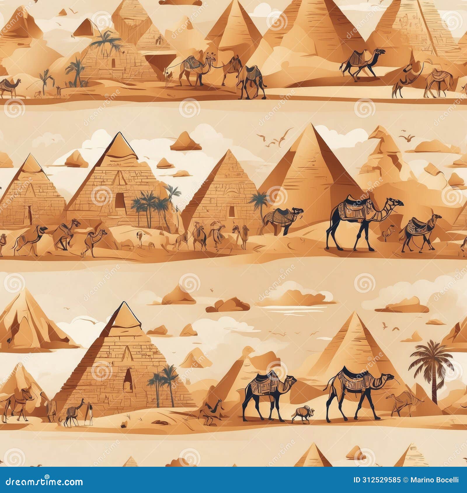 Seamless Pattern of Hand Painted Stylized Egyptian Camels and Pyramids ...