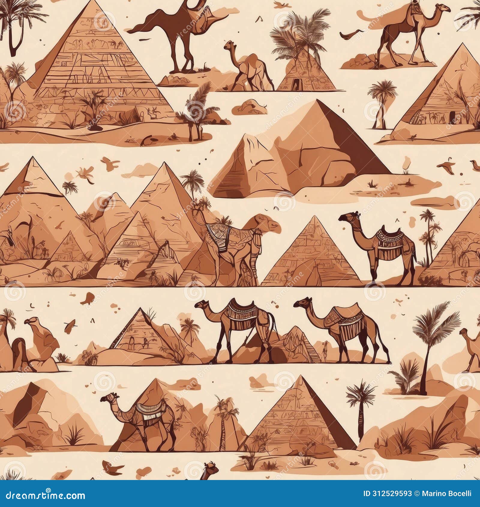 Seamless Pattern of Hand Painted Stylized Egyptian Camels and Pyramids ...