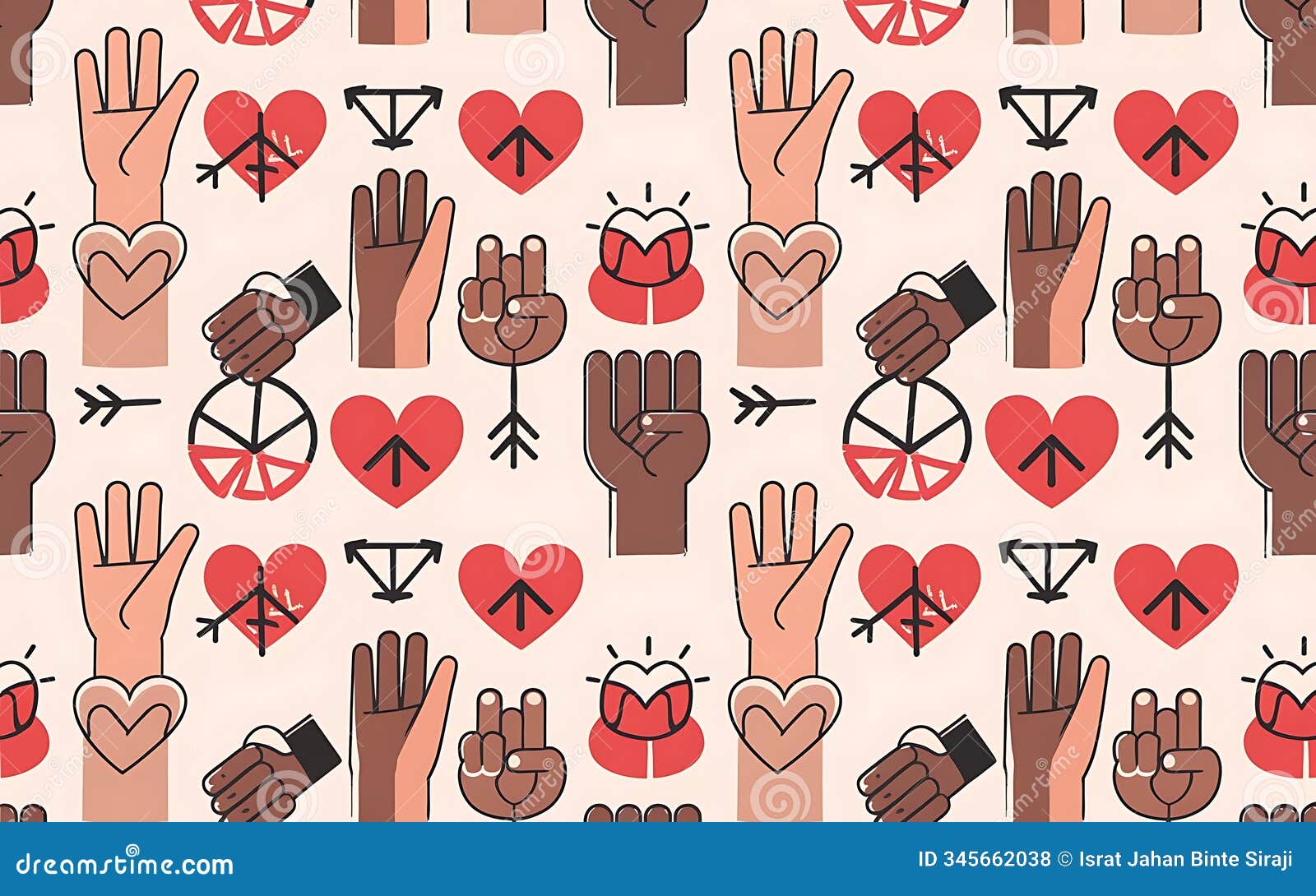 Seamless Pattern of Hands, Hearts, and Peace Signs for Human Rights Day ...
