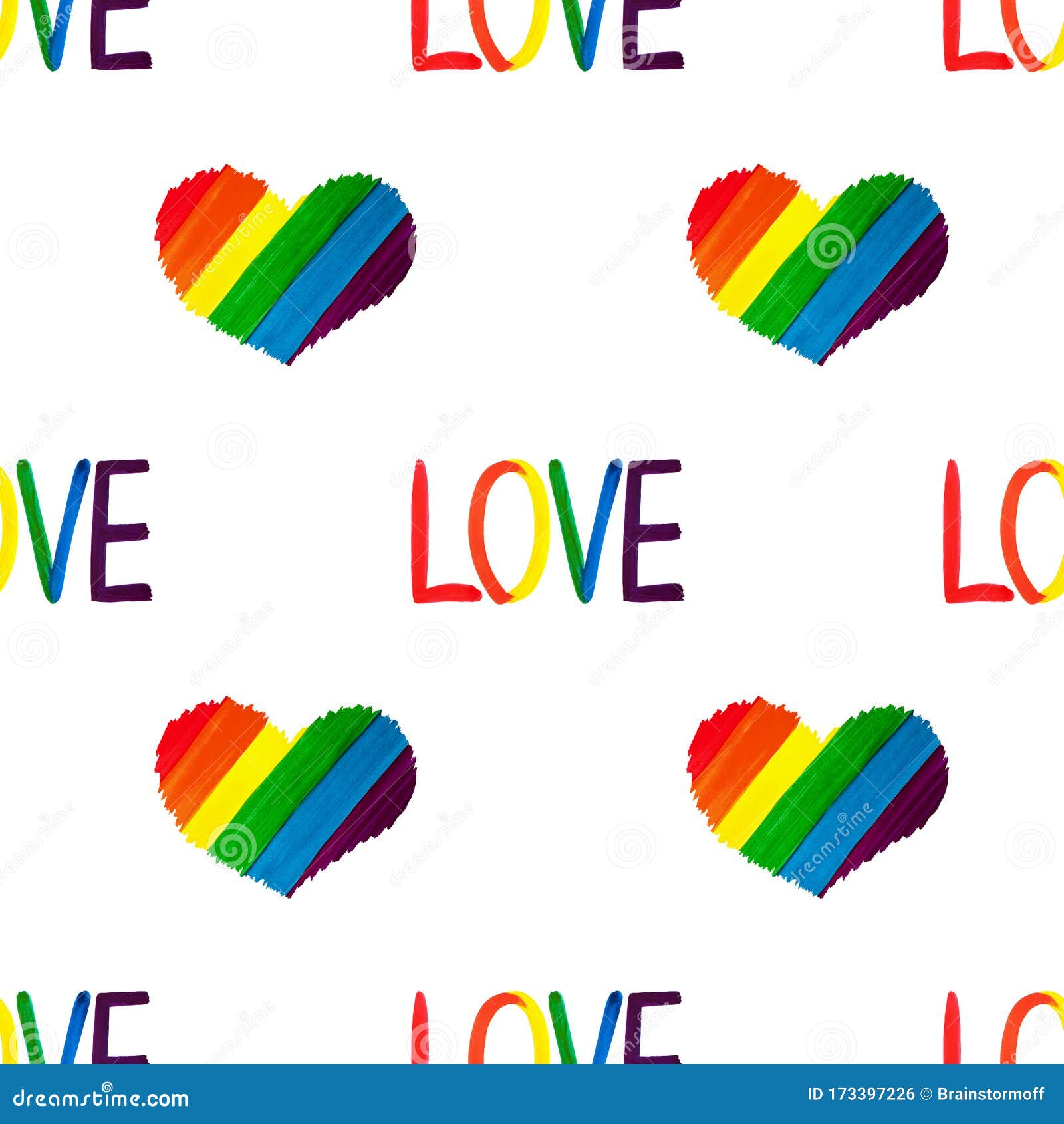 Seamless Pattern Handwritten Word Love And Hearts Lgbt Rainbow Colors