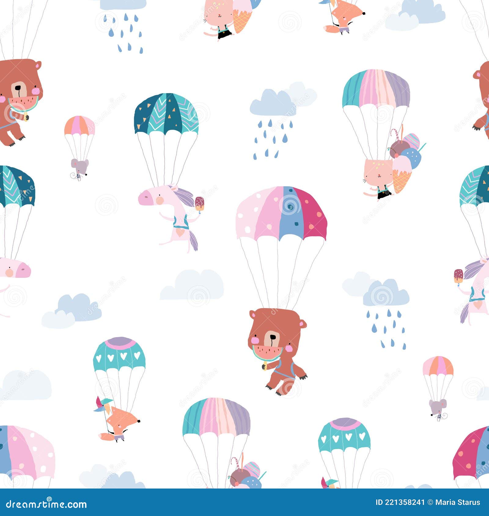 Seamless Pattern with Happy Animals Flying with Colorful Parachutes in ...