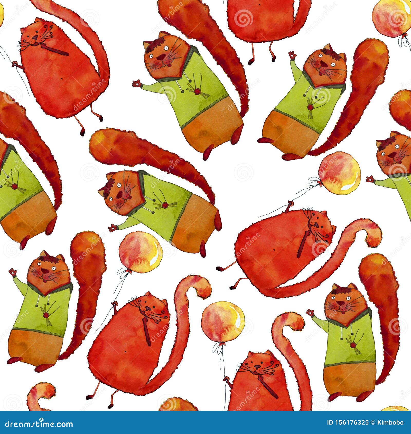 Seamless Pattern of Happy Red Cats Painted in Watercolor on White ...
