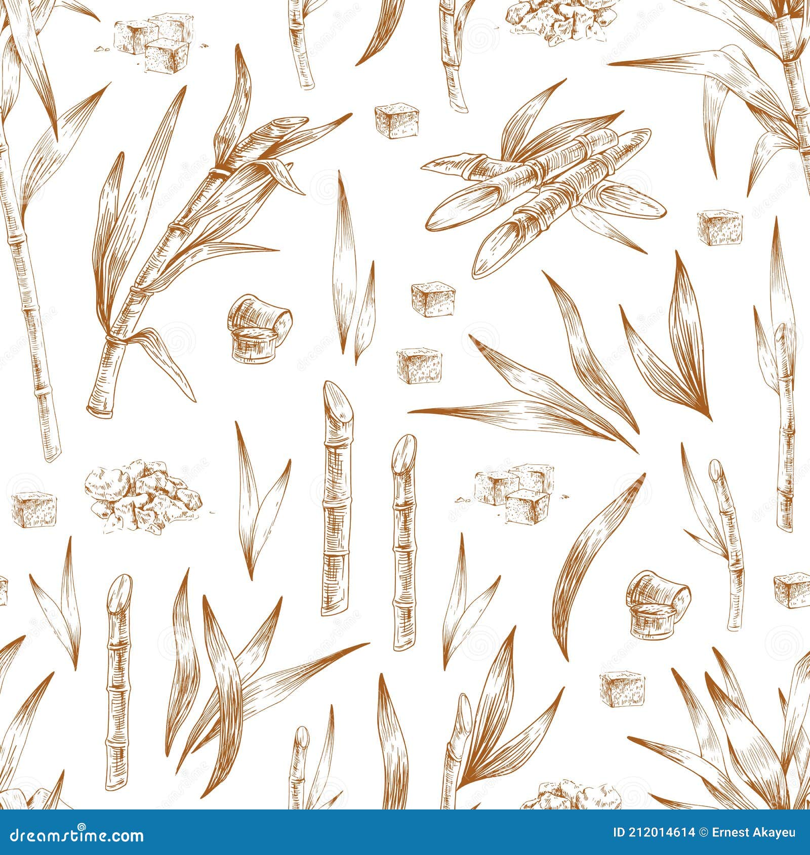 Seamless Pattern with Heaps and Loaves of Brown Sugar, Cane Leaves and ...