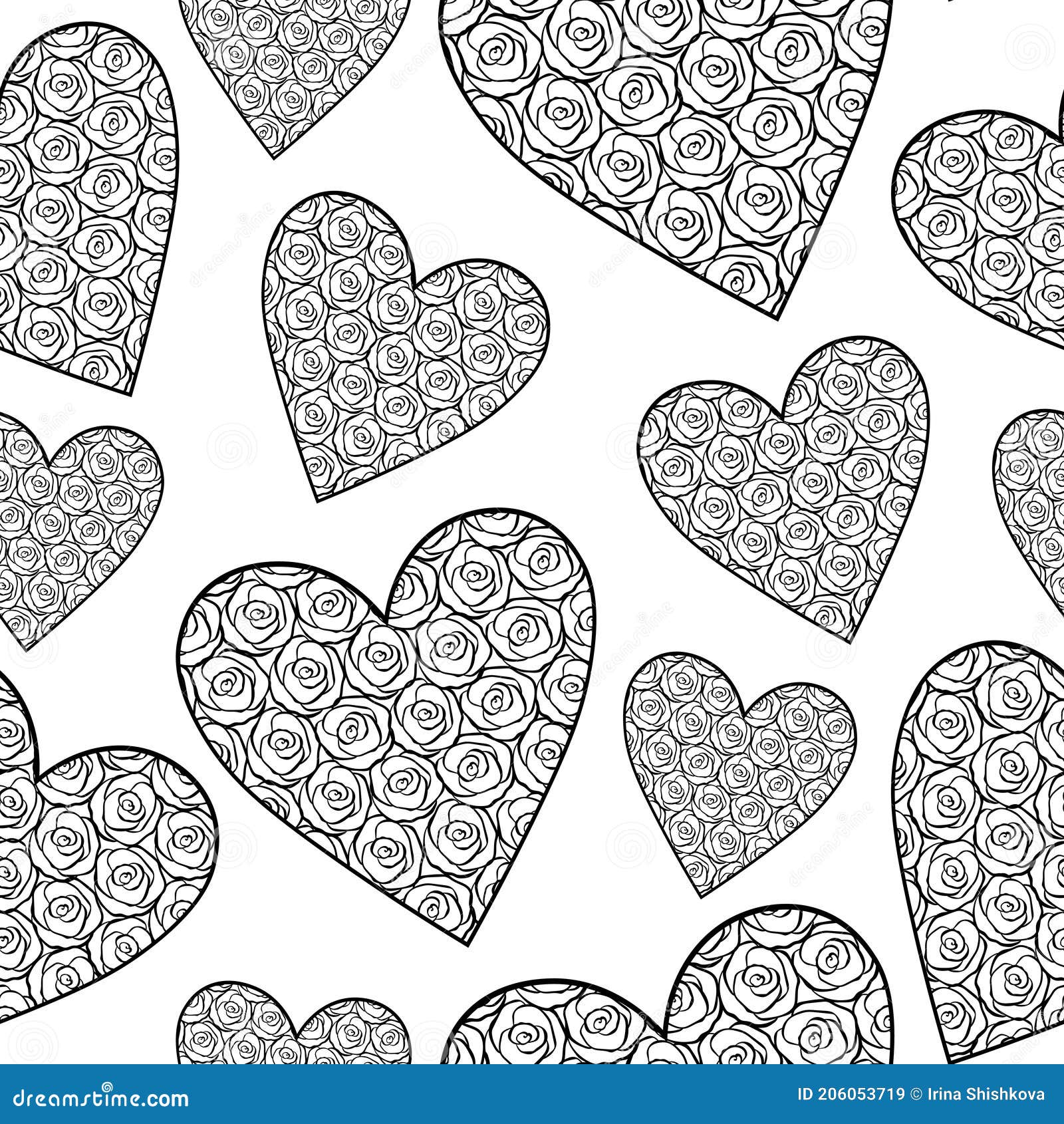 Seamless Pattern Hearts Black and White with Roses Vector Illustration ...