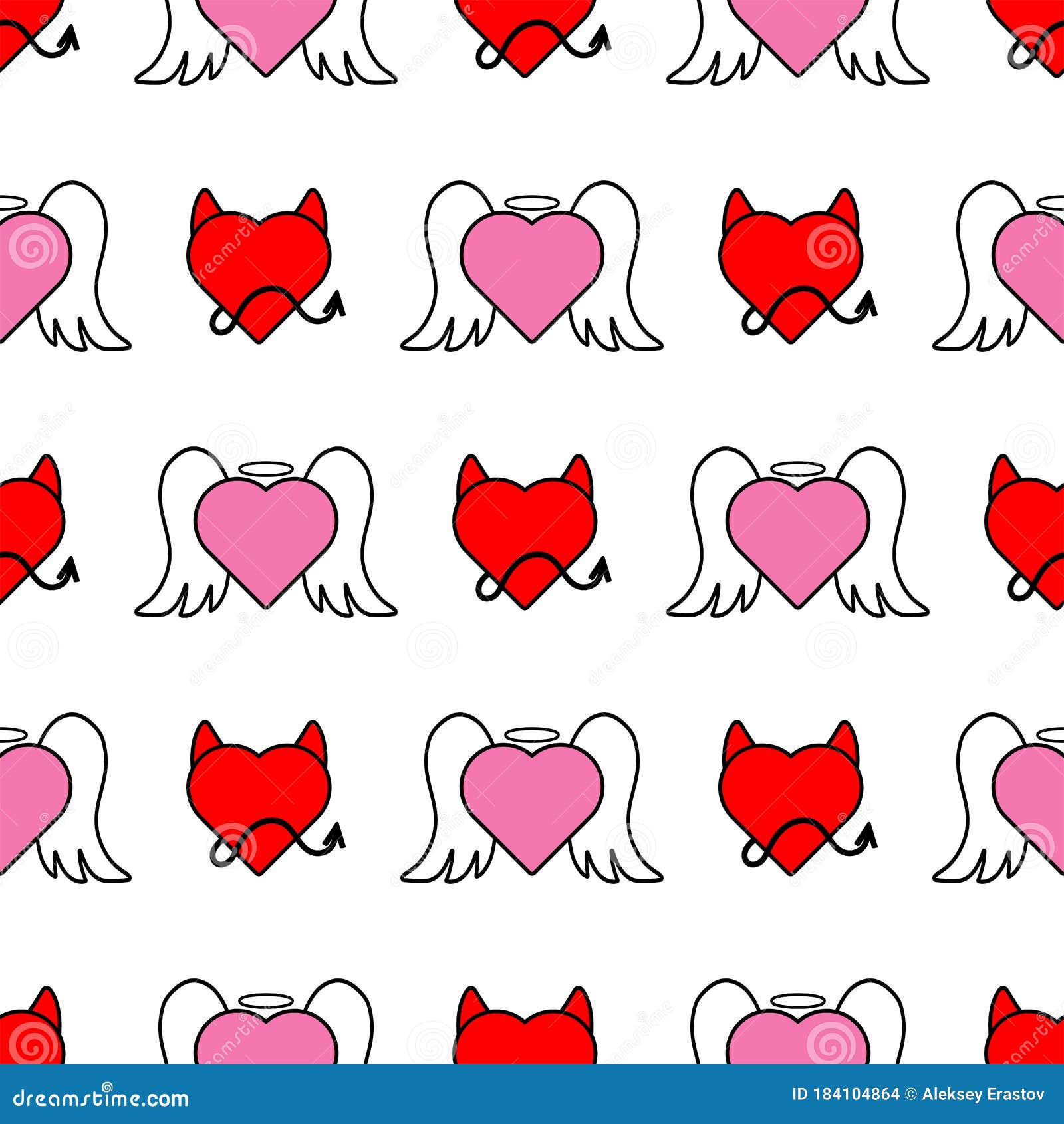 Seamless Pattern with Hearts in the Form of Angel and Devil. Cute Print ...