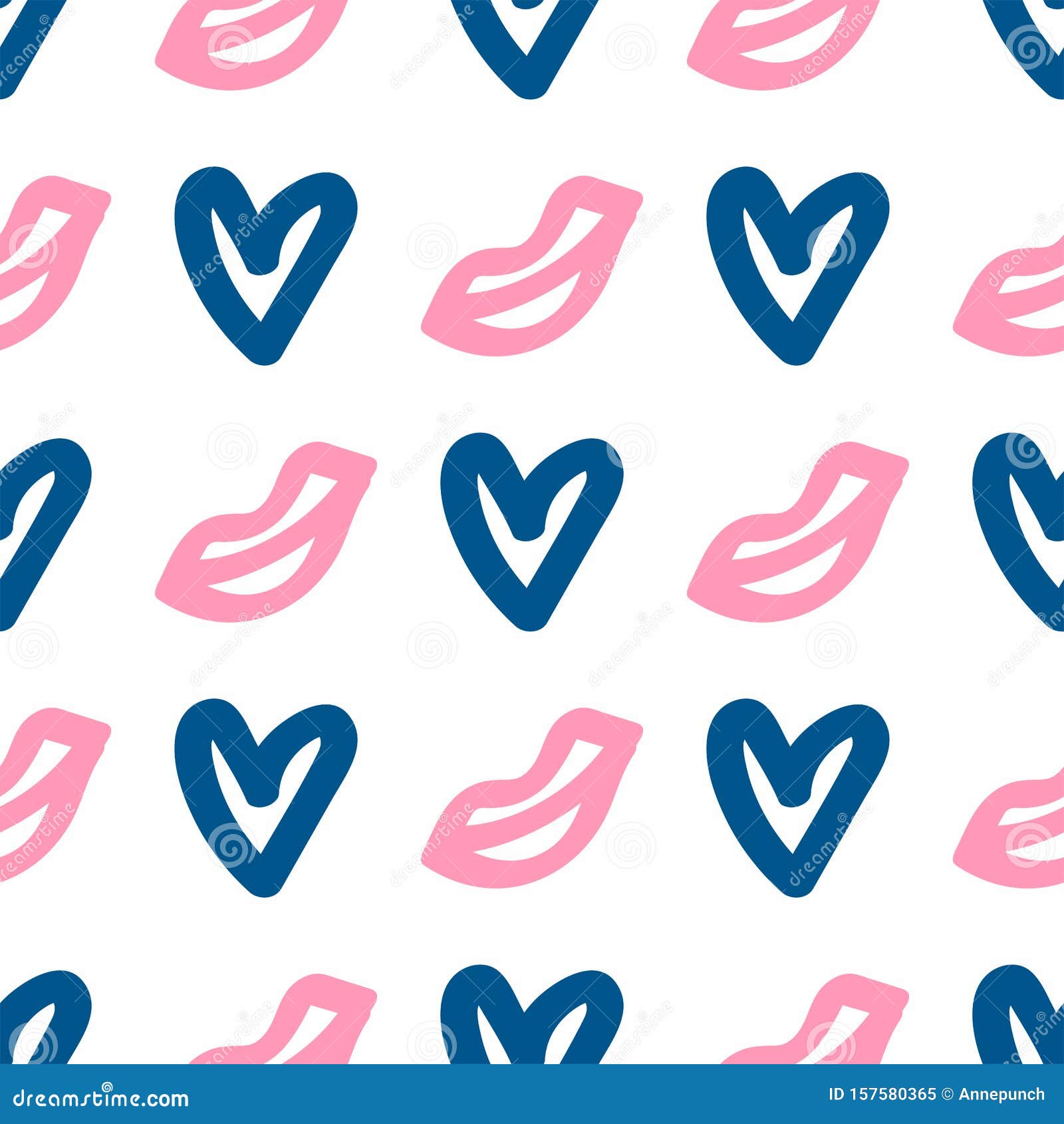 Seamless Pattern with Hearts and Lips Drawn by Hand. Doodle, Sketch ...