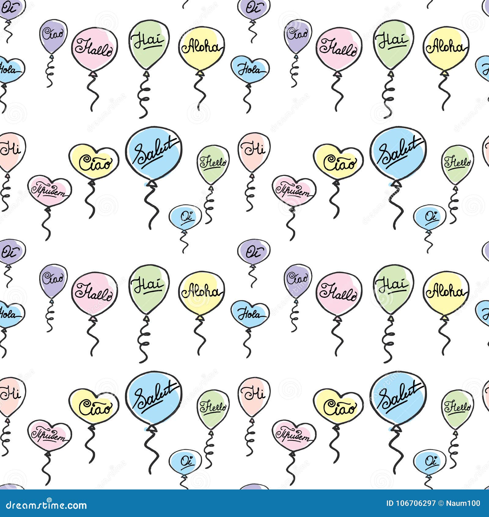 Seamless Pattern Hello in Different Languages, Doodle Balloons Stock ...