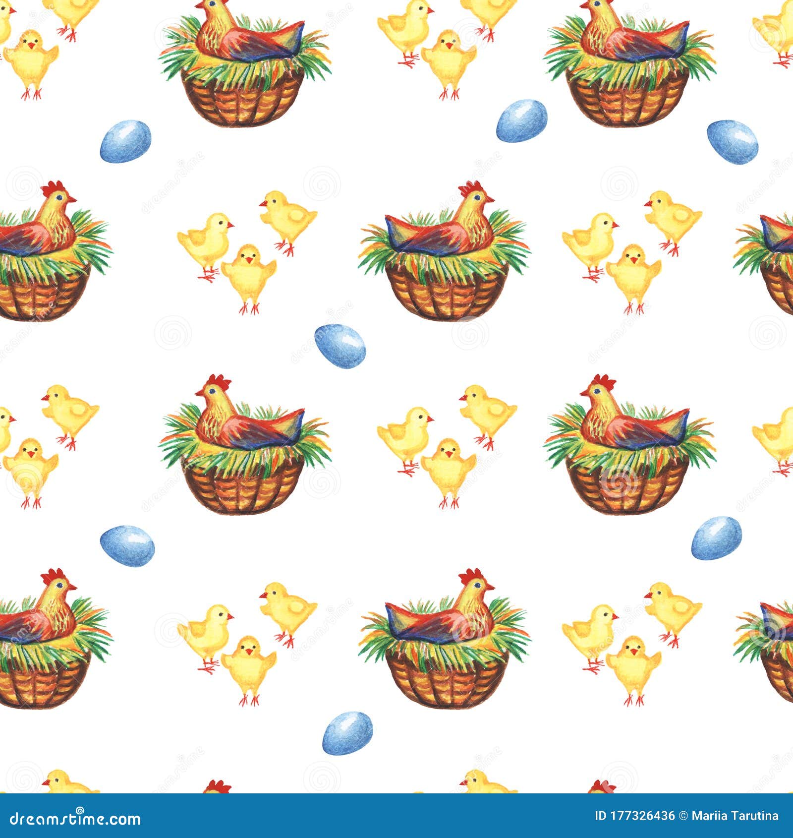 Seamless Pattern with Hens, Chickens, and Eggs. Watercolor Illustration ...