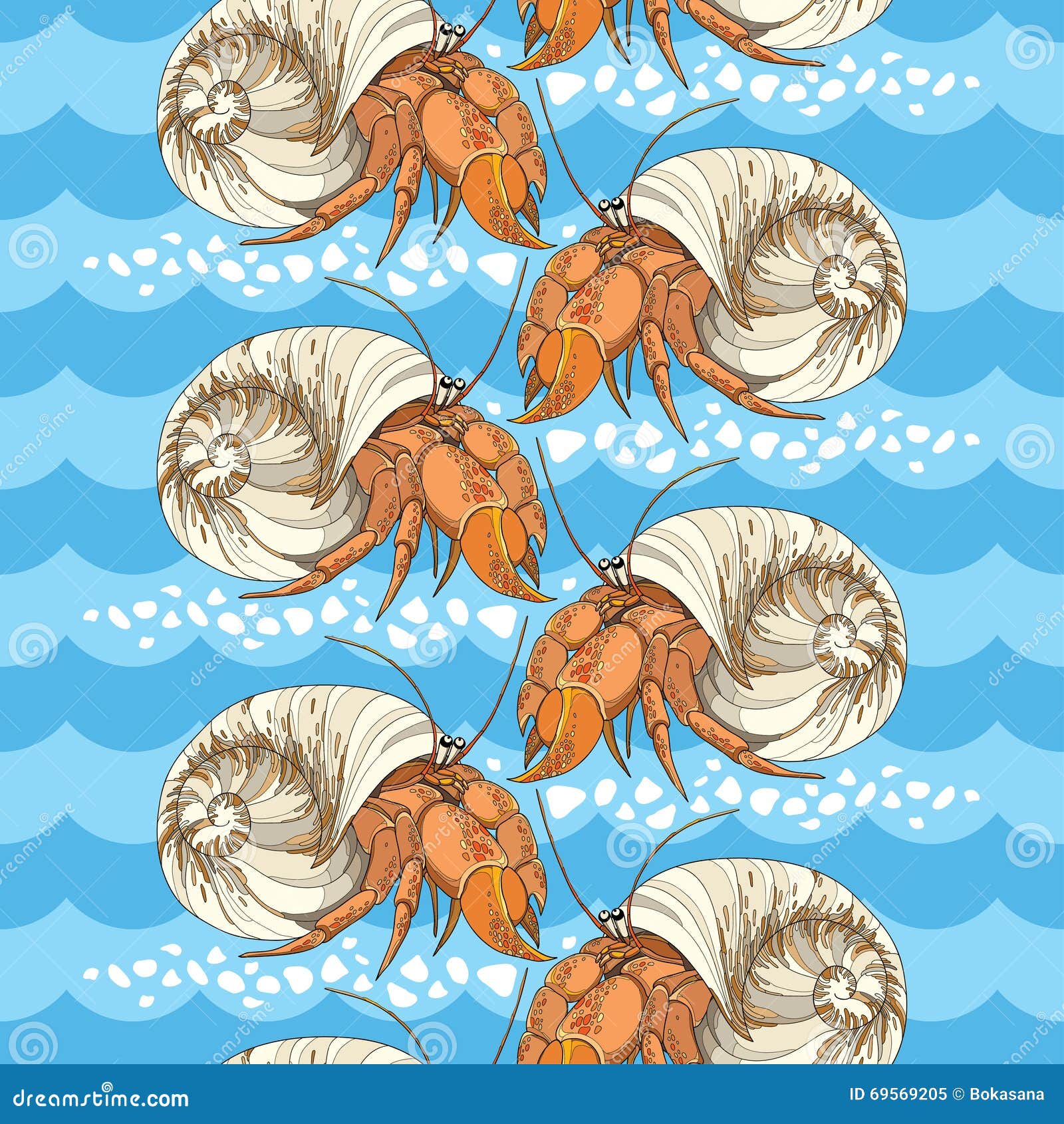 Seamless Pattern with Hermit Crab in the Round Shell on the Background ...
