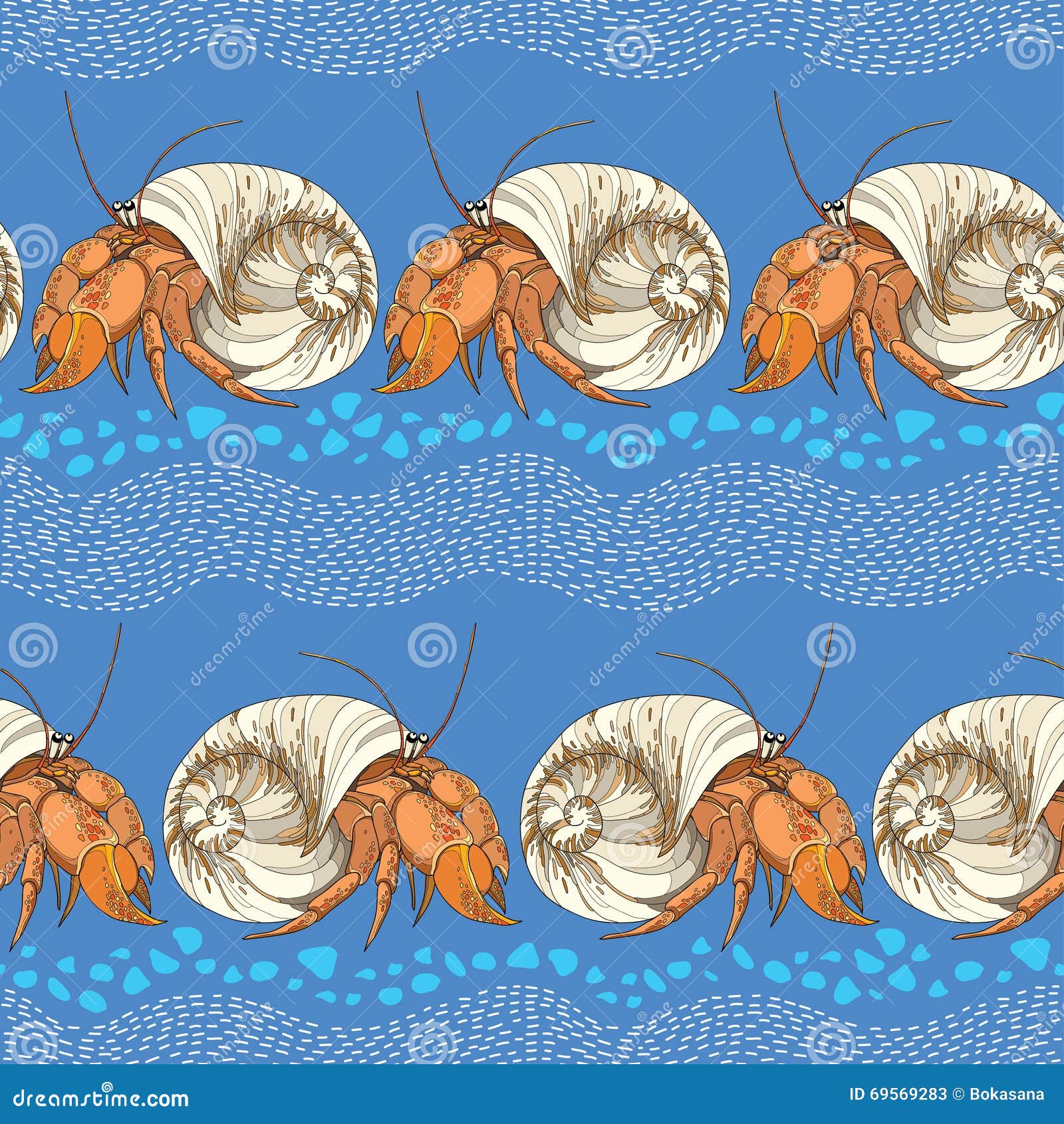 Seamless Pattern with Hermit Crab in the Round Shell on the Blue ...
