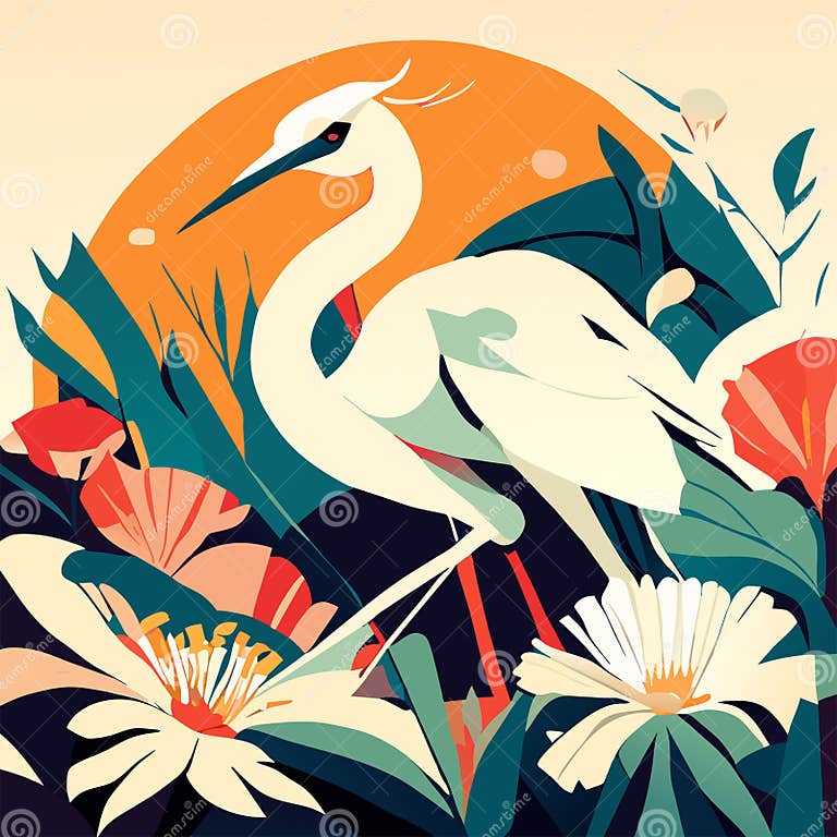 Seamless Pattern with Heron and Flowers. Vector . Generative AI Stock ...