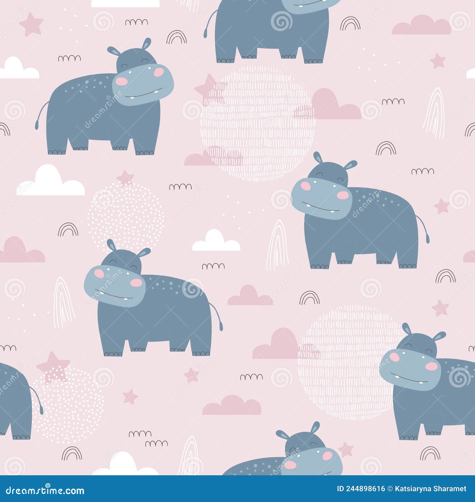 Seamless Pattern with Hippo. Kids Print. Vector Hand Drawn Illustration ...