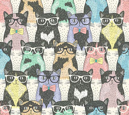Seamless Pattern with Hipster Cute Cats Stock Vector - Illustration of ...