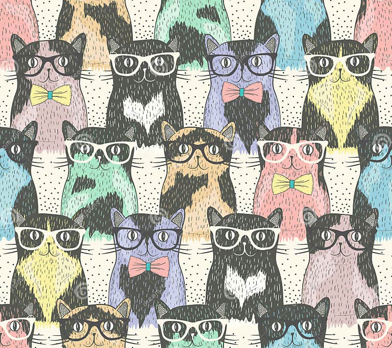 Seamless Pattern with Hipster Cute Cats Stock Vector - Illustration of ...