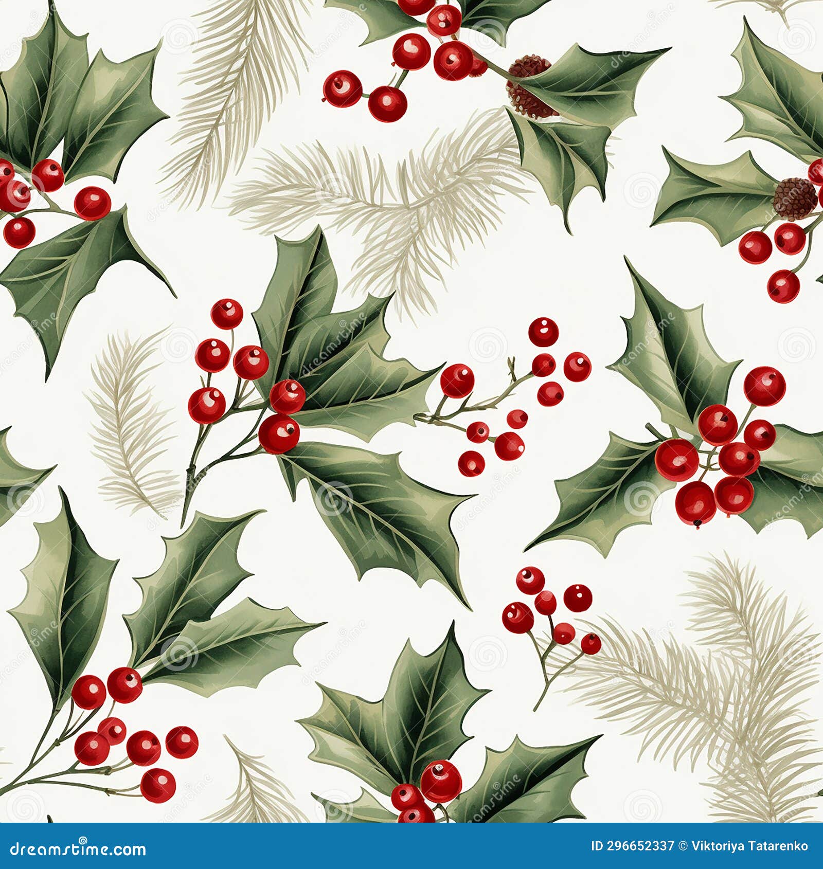 Seamless Pattern with Holly Branches and Berries. Vector Illustration ...