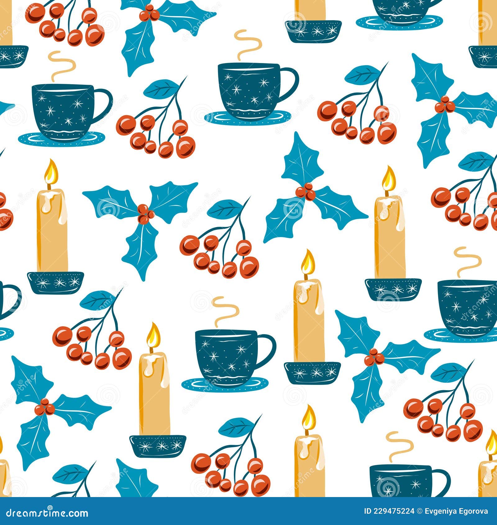 Seamless Pattern with Holly Cup and Candle. Stock Vector - Illustration ...