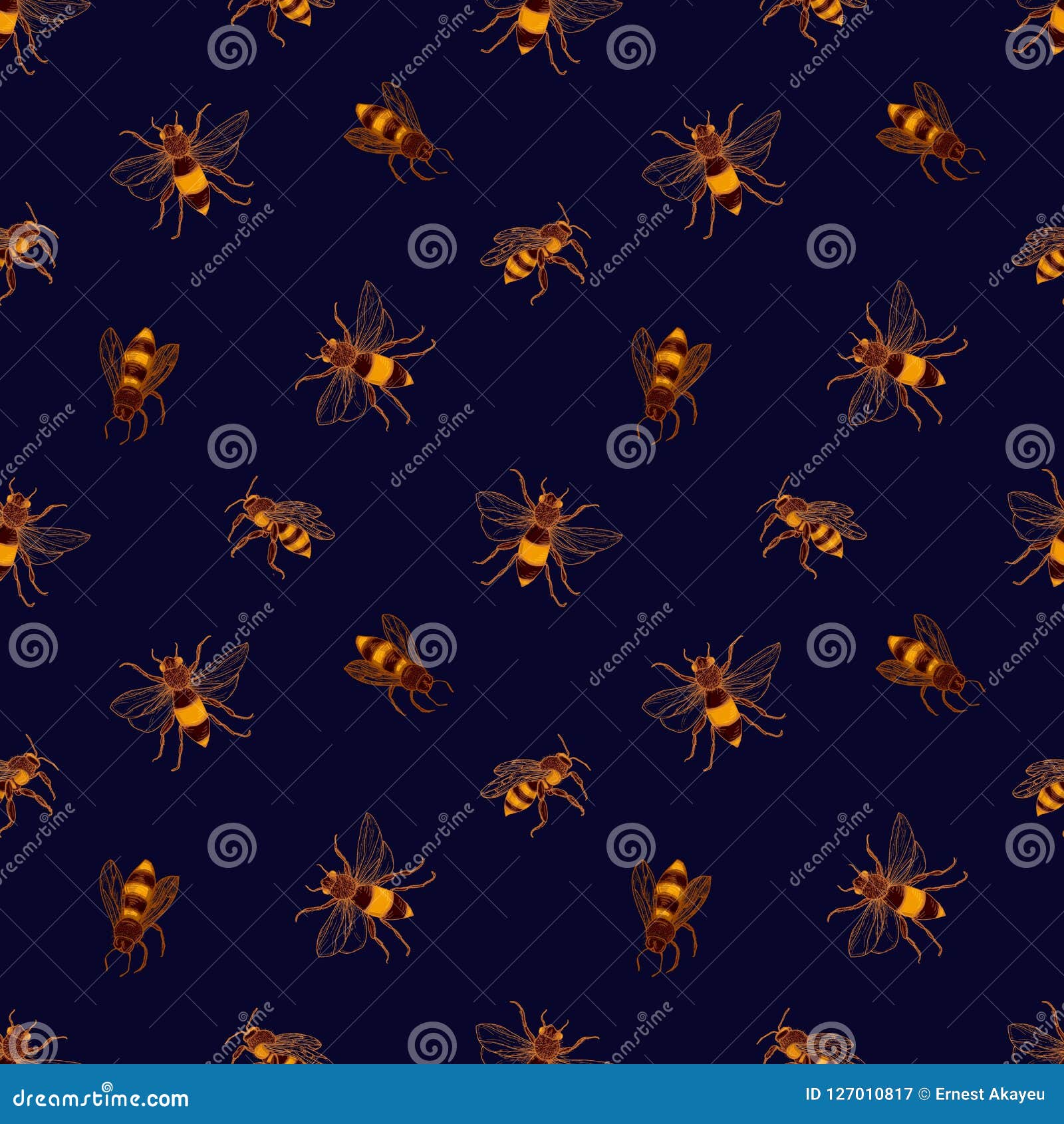 Seamless Pattern with Honey Bees on Dark Background. Apiculture or Beekeeping Backdrop Stock ...