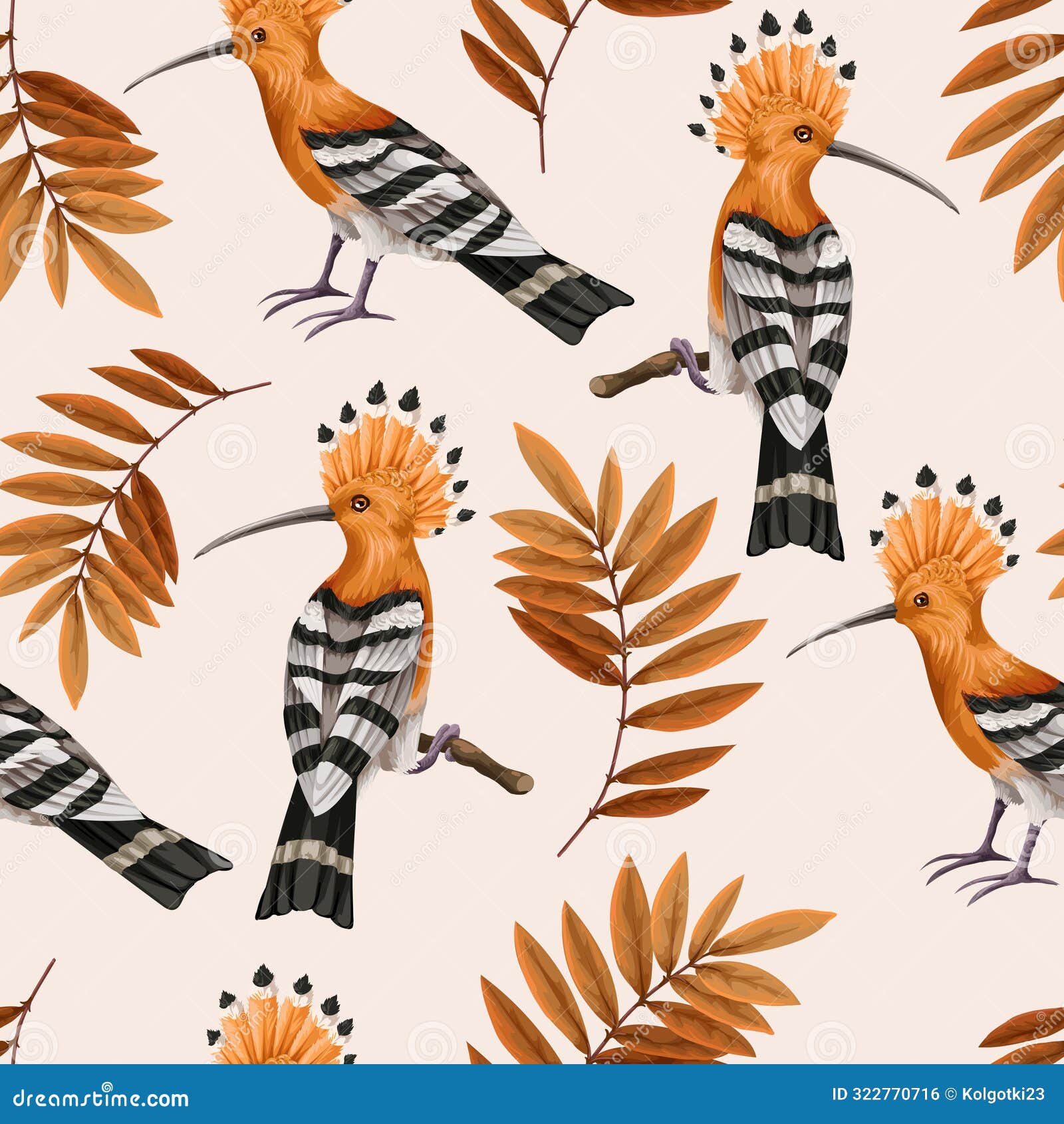 Seamless Pattern with Hoopoe Birds and Leaves. Vector. Stock Vector ...