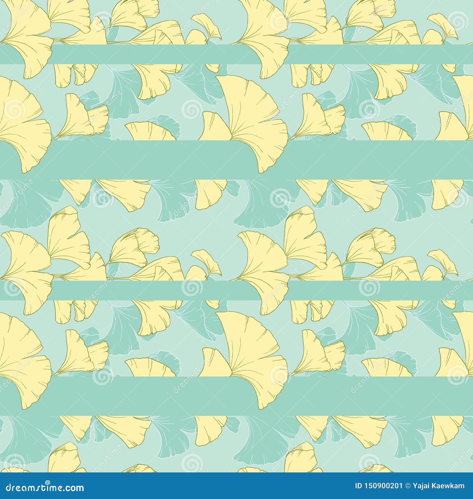 Seamless Pattern, Horizontal Arrangement of Hand Drawn Ginko Leaves ...