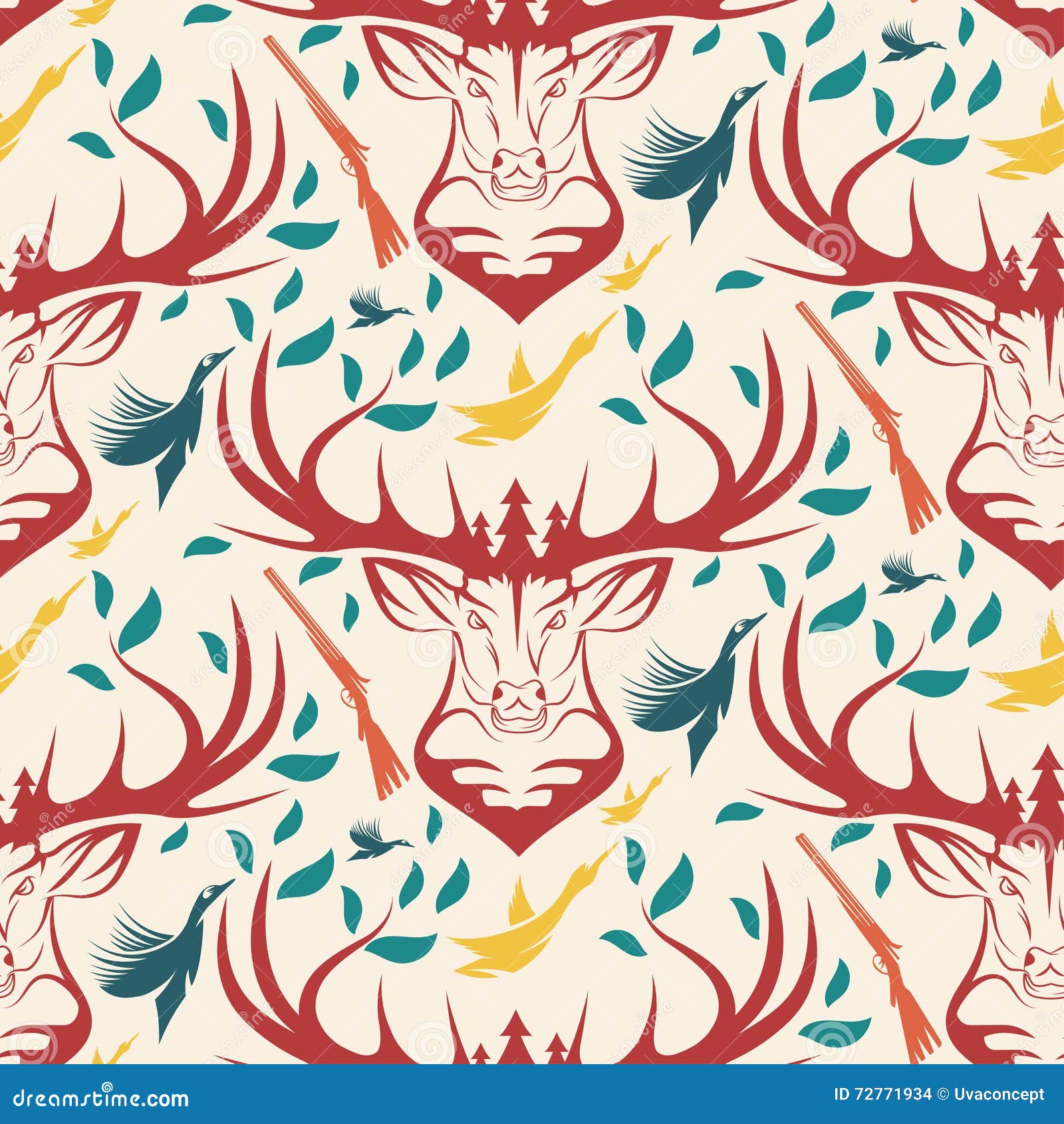 Seamless Pattern for Hunting Theme. Deer, Duck, Gun, Bird Stock Vector ...