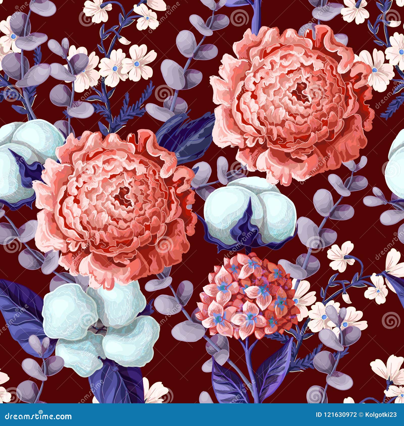 Seamless Pattern with Peony, Hydrangeas, Cotton Flowers and Eucalyptus ...