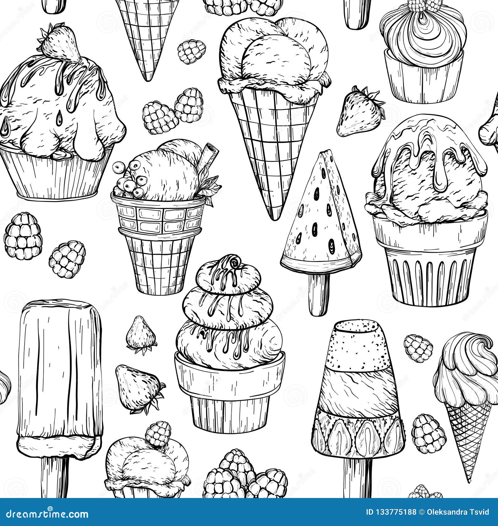 Seamless Pattern with Ice Cream. Black and White Stock Vector ...