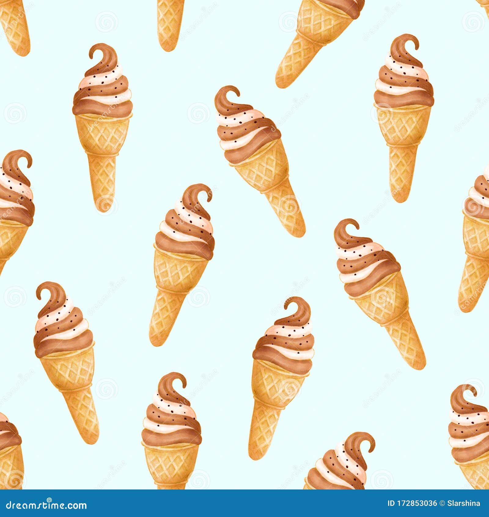 Seamless Pattern With Ice Cream In The Waffle Cone With Vanilla And