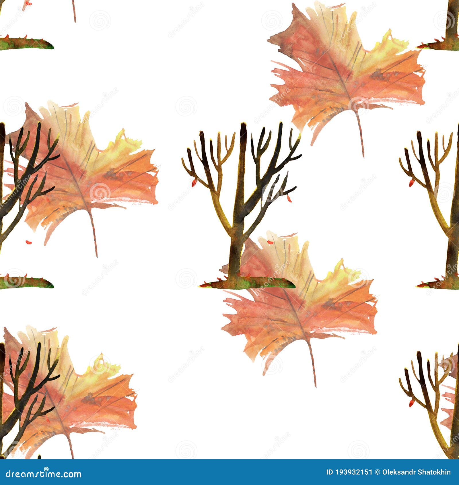 Seamless Pattern Illustration with Autumn Leaves, Branches and Trees ...
