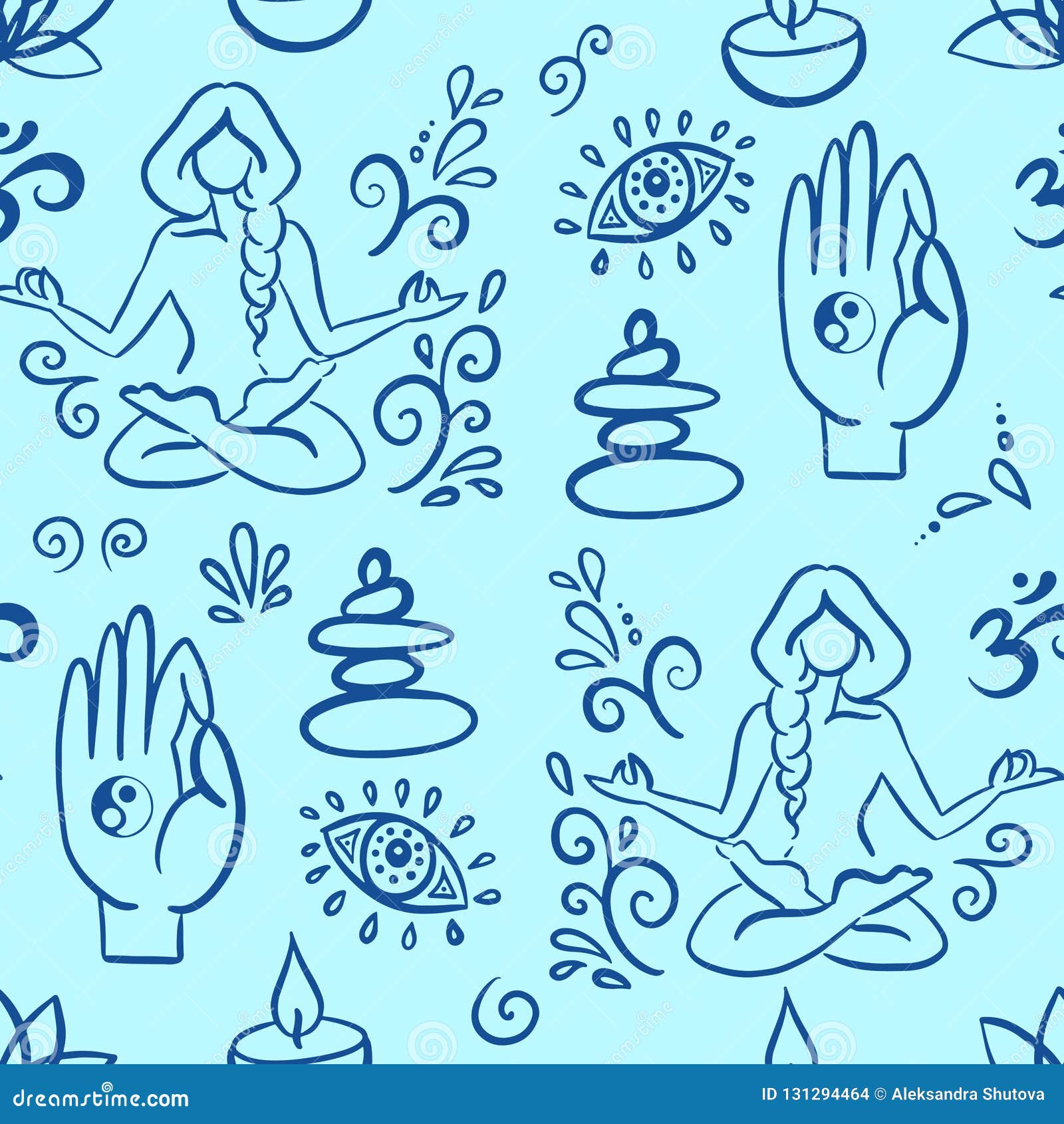 Seamless Pattern Illustration with Yoga Simbols in Blue Color Stock ...