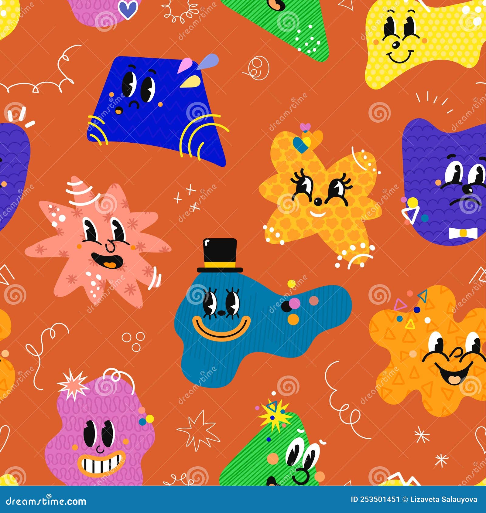 Seamless Pattern with Illustrations Different Cartoon Shapes Stock ...