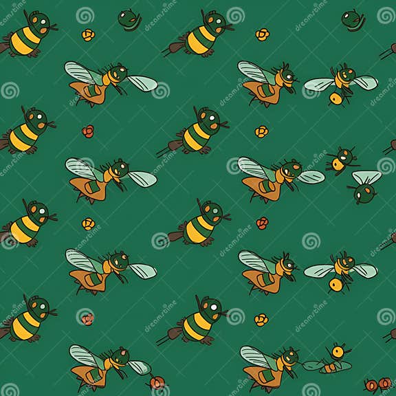 A Seamless Pattern with the Image of Bright Cartoon Bees on a Green ...
