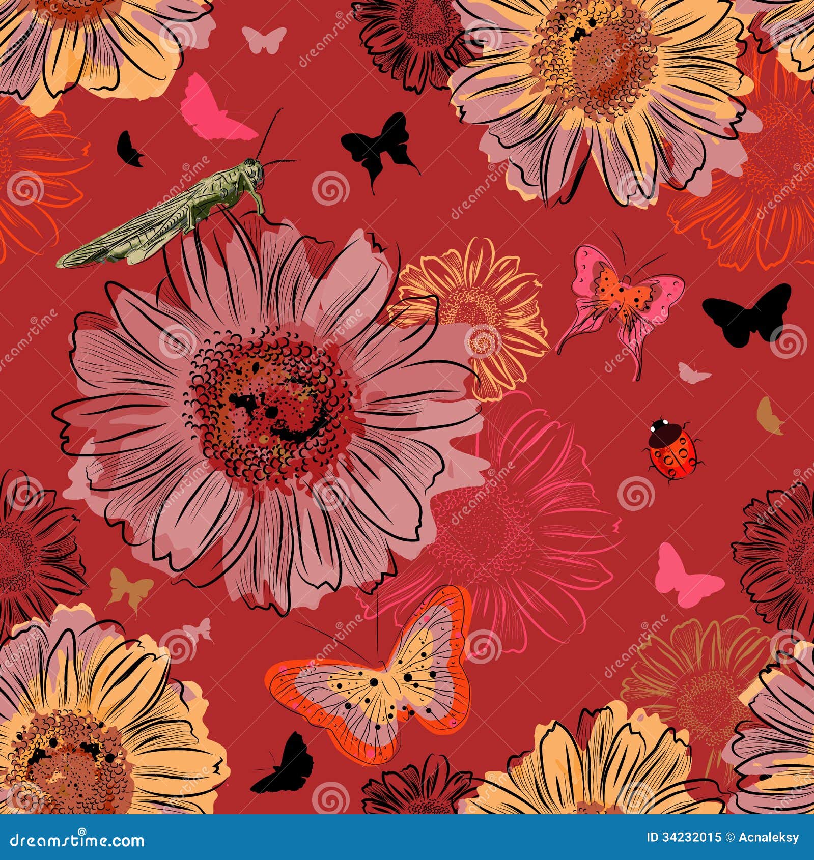 Seamless Pattern with Insect and Flowers Stock Vector - Illustration of wildlife, berries: 34232015