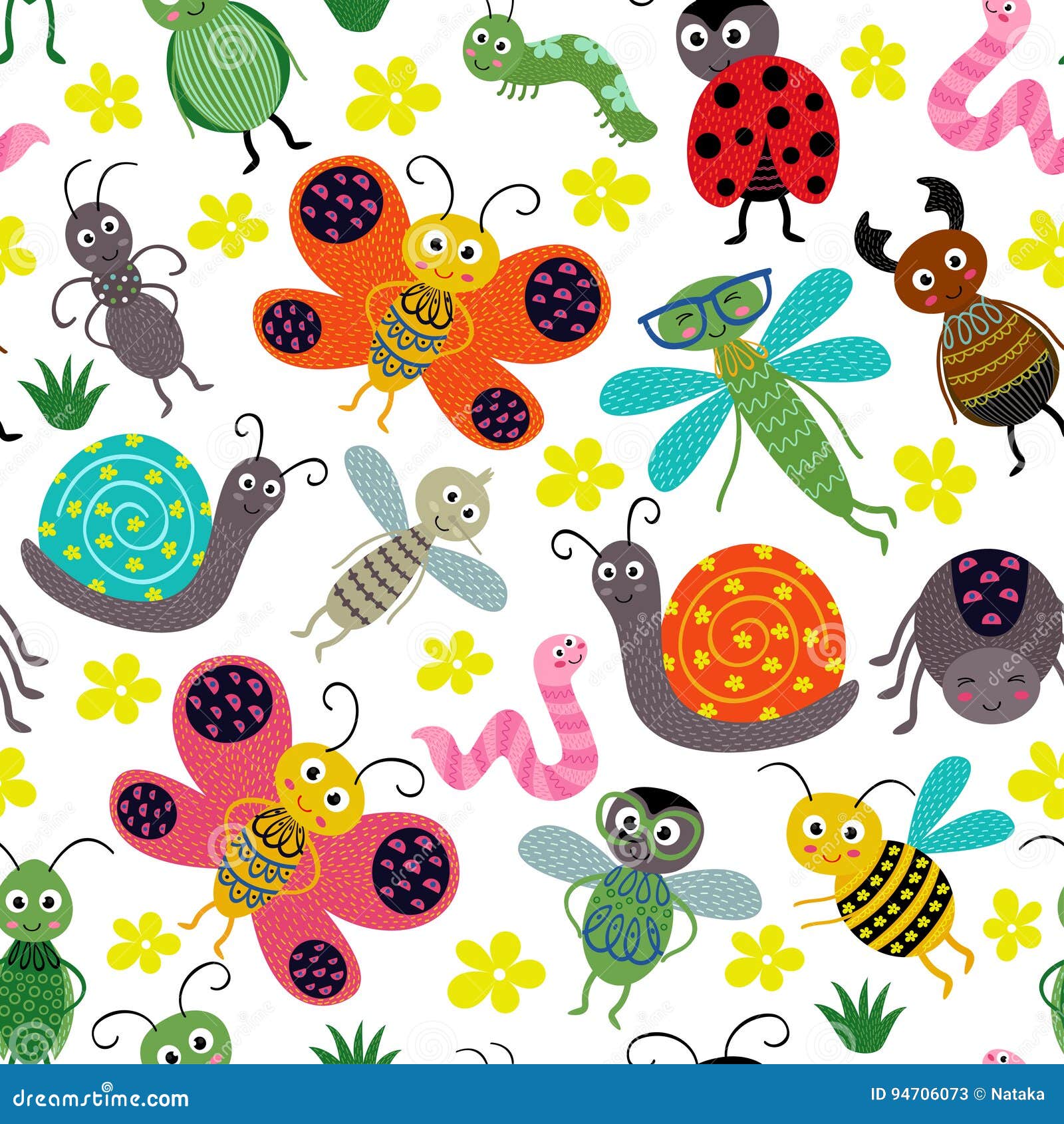 Seamless Pattern with Insect Stock Vector - Illustration of smiling ...