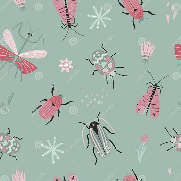 Seamless Pattern with Insects and Floral Elements Stock Vector ...