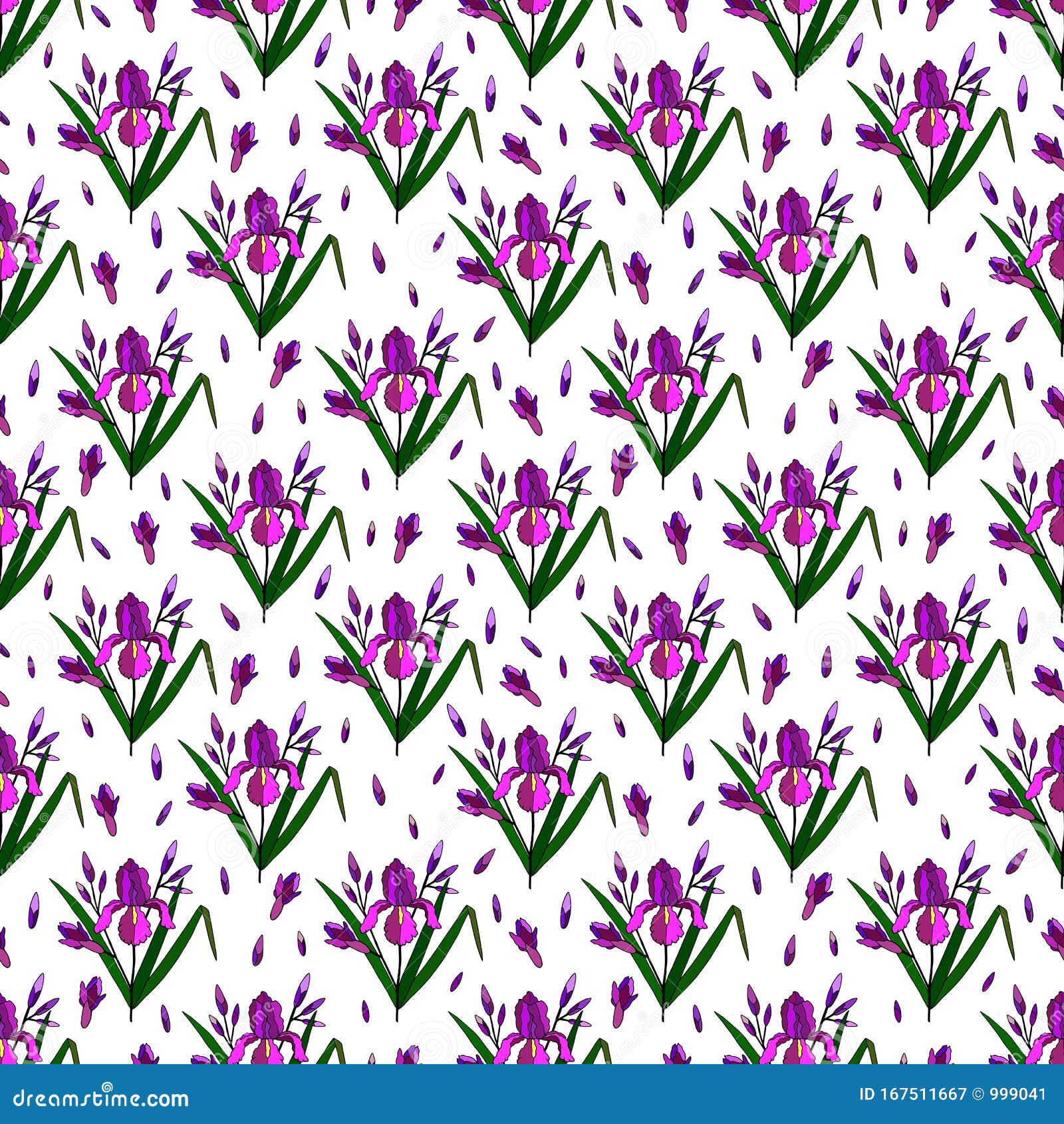 Seamless Pattern of Iris Flower with Buds and Leaves. Eps10 Vector ...