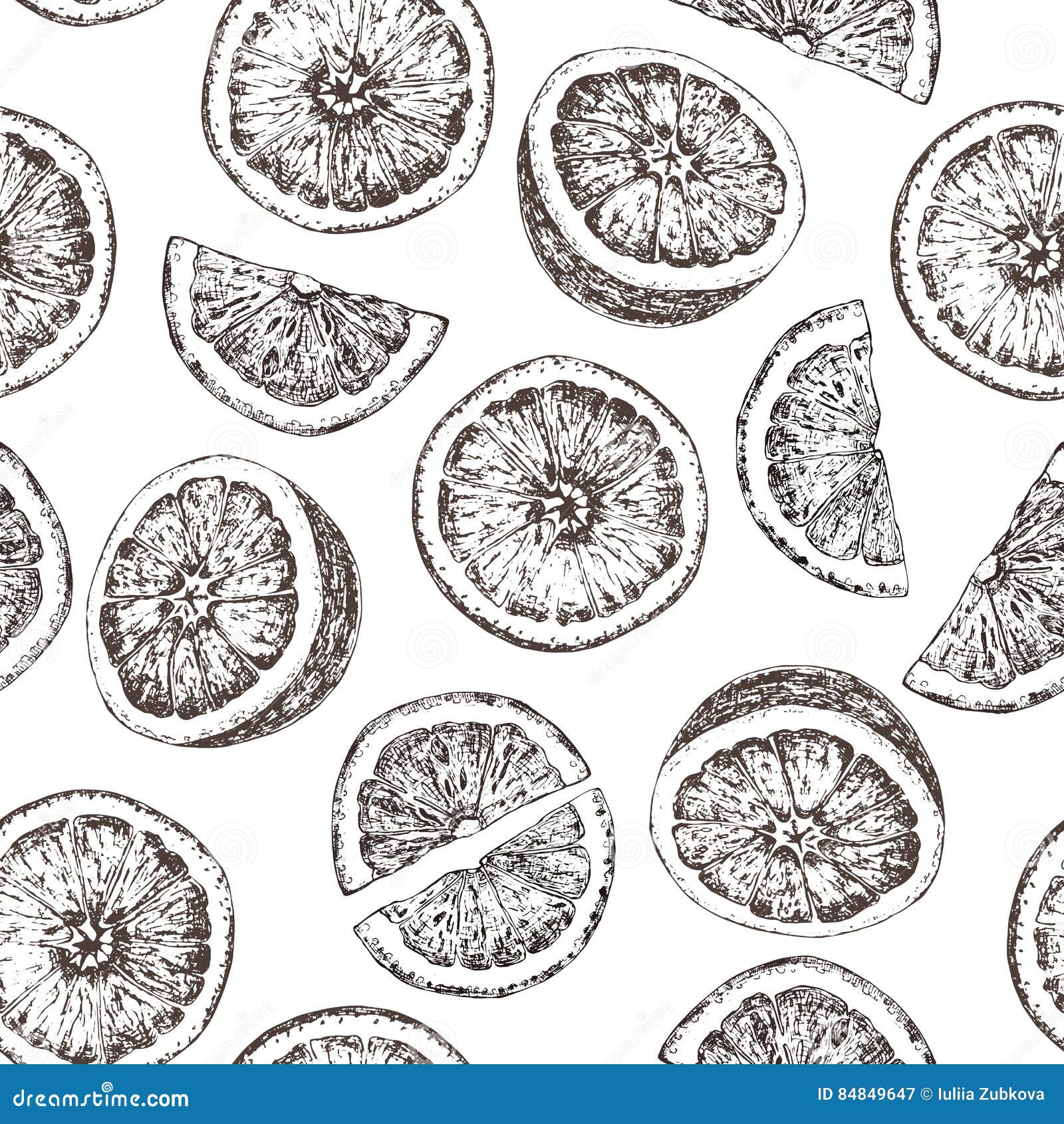Seamless Pattern Of Isolated Hand Drawn Oranges In Sketch Style Stock