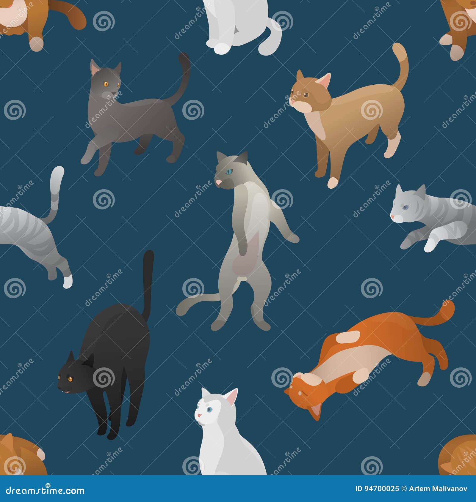 Seamless Pattern of Isometric Cartoon Cats. Stock Vector - Illustration ...