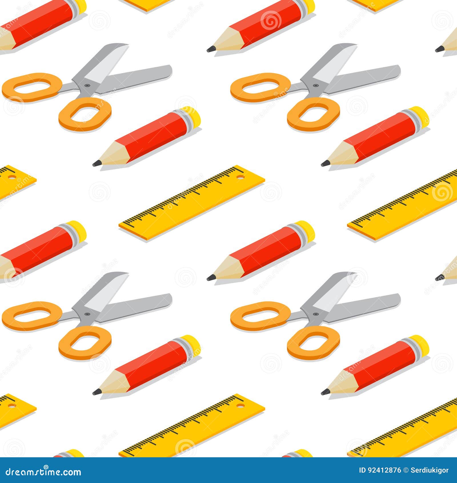 Seamless Pattern With Isometric Pencil, Ruler And Scissors On White ...