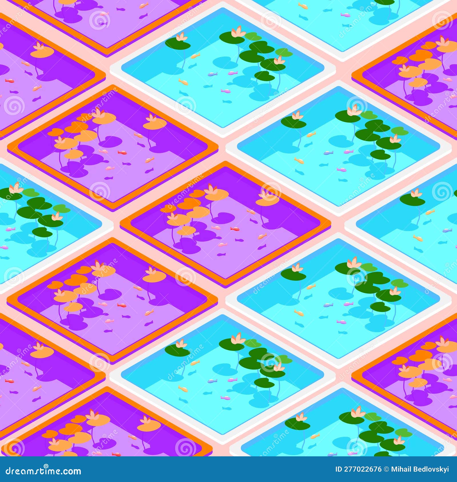 Seamless Pattern with Isometric Ponds in Which Fish and Water Lilies ...