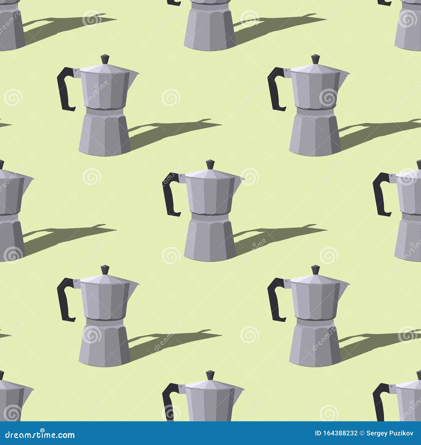 Seamless Pattern with Italian Geyser Coffee Makers on a Green Background. Vector Flat ...
